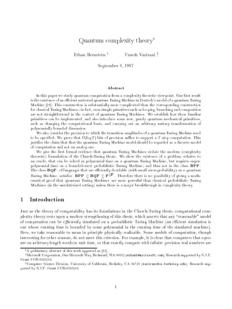 Quantum Complexity Theory - (Definicion Moderna de QTMS) - Bernstein-Vazirani | PDF ...
