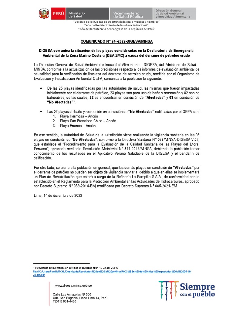 DIGESA Comunica La Situación de Las Playas | PDF | Perú