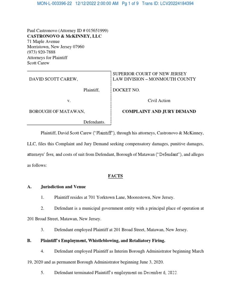 Matawan Lawsuit | PDF | Lawsuit | Damages