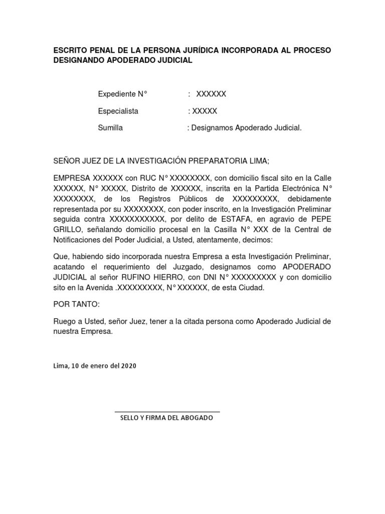Escrito Penal de La Persona Jurídica Incorporada Al Proceso Designando ...