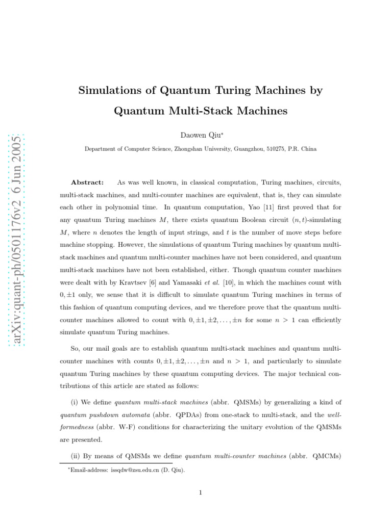 Simulations of Quantum Turing Machines by Quantum Multi-Counter Machines | PDF | Quantum ...