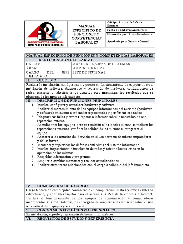 Manual de funciones y competencias del auxiliar de jefe de sistemas | PDF | Hardware de la ...