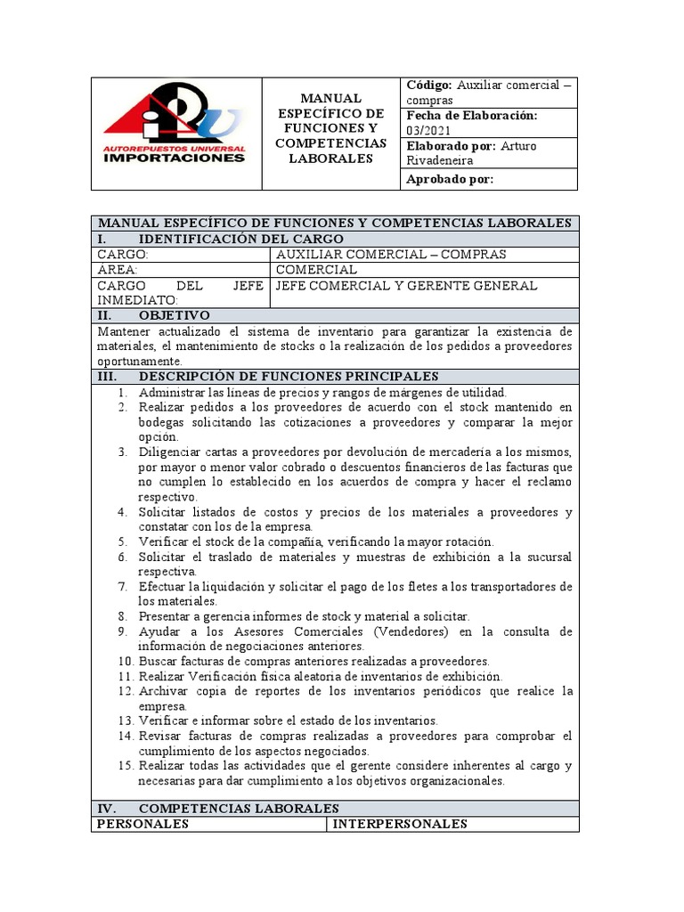 Perfil de Cargo Auxiliar Comercial Compras | PDF | Marketing | Toma de ...