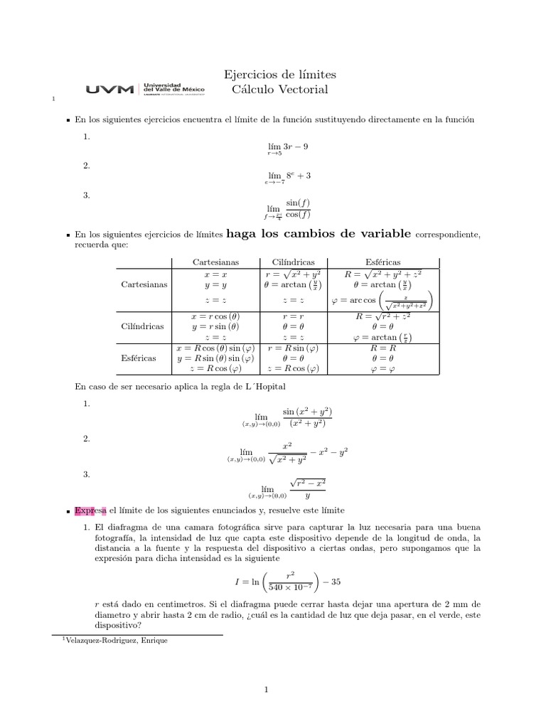 Ejercicios de Limites Vectorial UVM | PDF | Esfera | Física