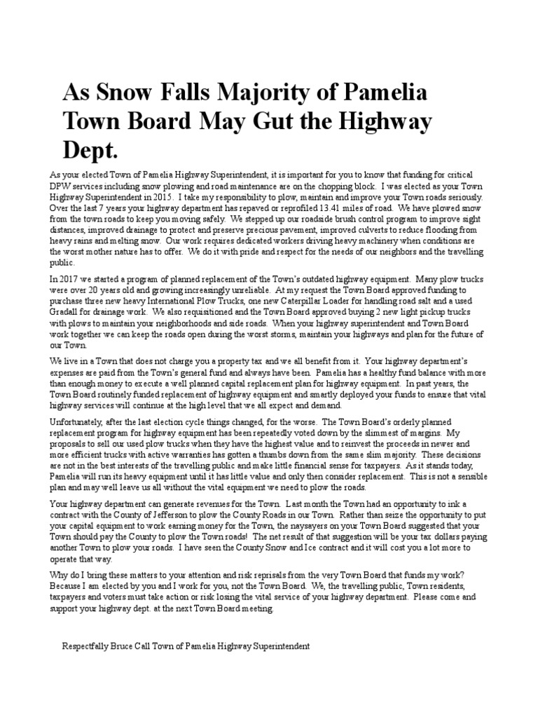 Pamelia Highway Dept. Funding Crisis | PDF | Road | Snow