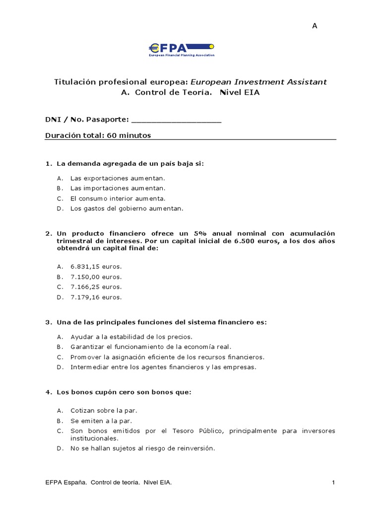 Simulacion Examen EIA Parte Teorica | PDF | Compartir (Finanzas) | Tasas de interés
