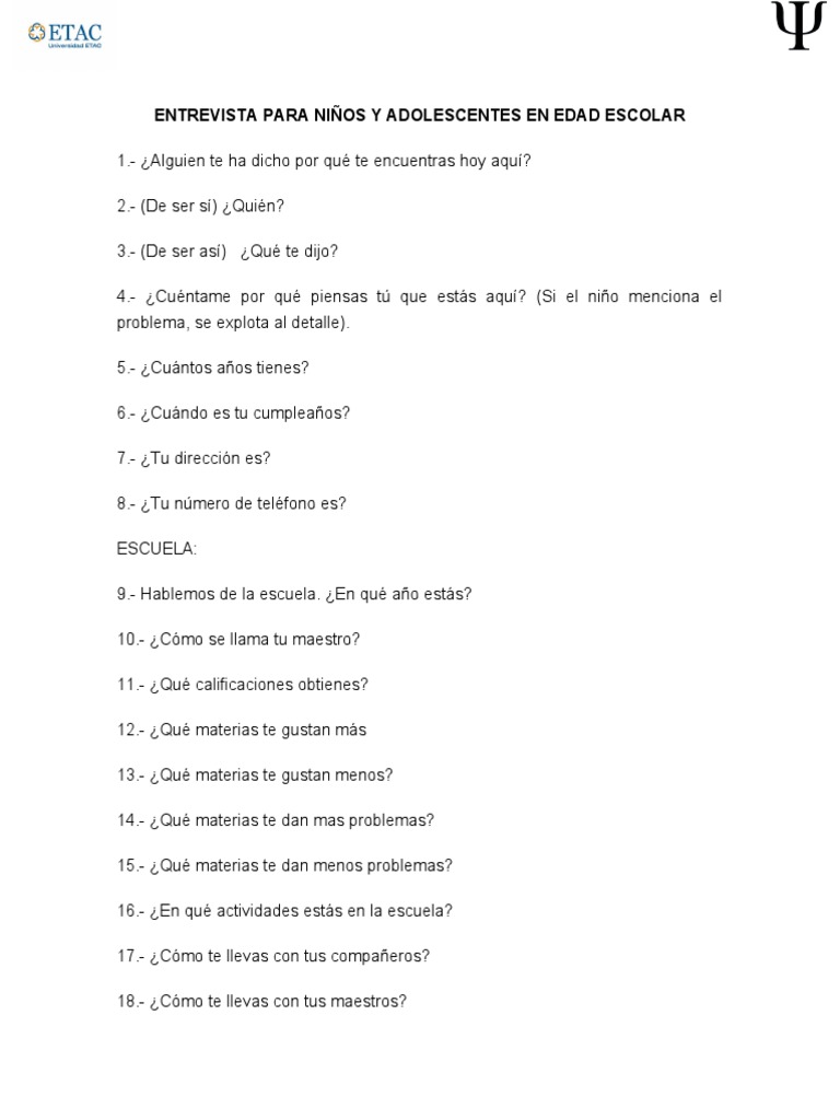 Entrevista para Niños y Adolescentes en Edad Escolar | PDF | Relaciones ...