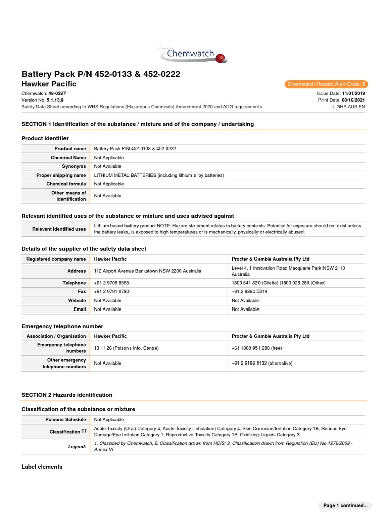 Safety Data Sheet Battery Only 452-0133 452-0222 | PDF | Combustion | Fires