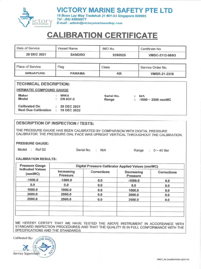 13.SANDRO - CERT - VMSC-2112-988G 2021 Dec Hermatic Compound Gauge | PDF