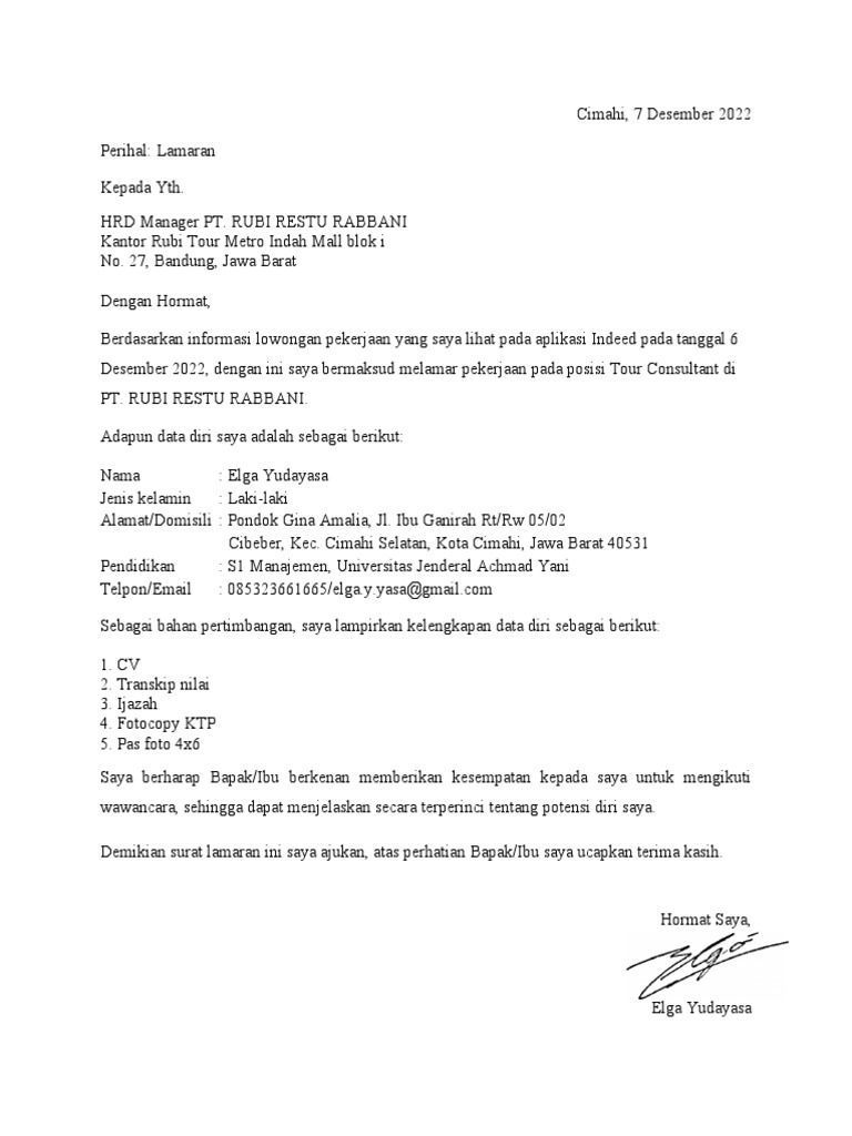 Lamaran Pekerjaan sebagai Tour Consultant di PT. Rubi Restu Rabbani | PDF