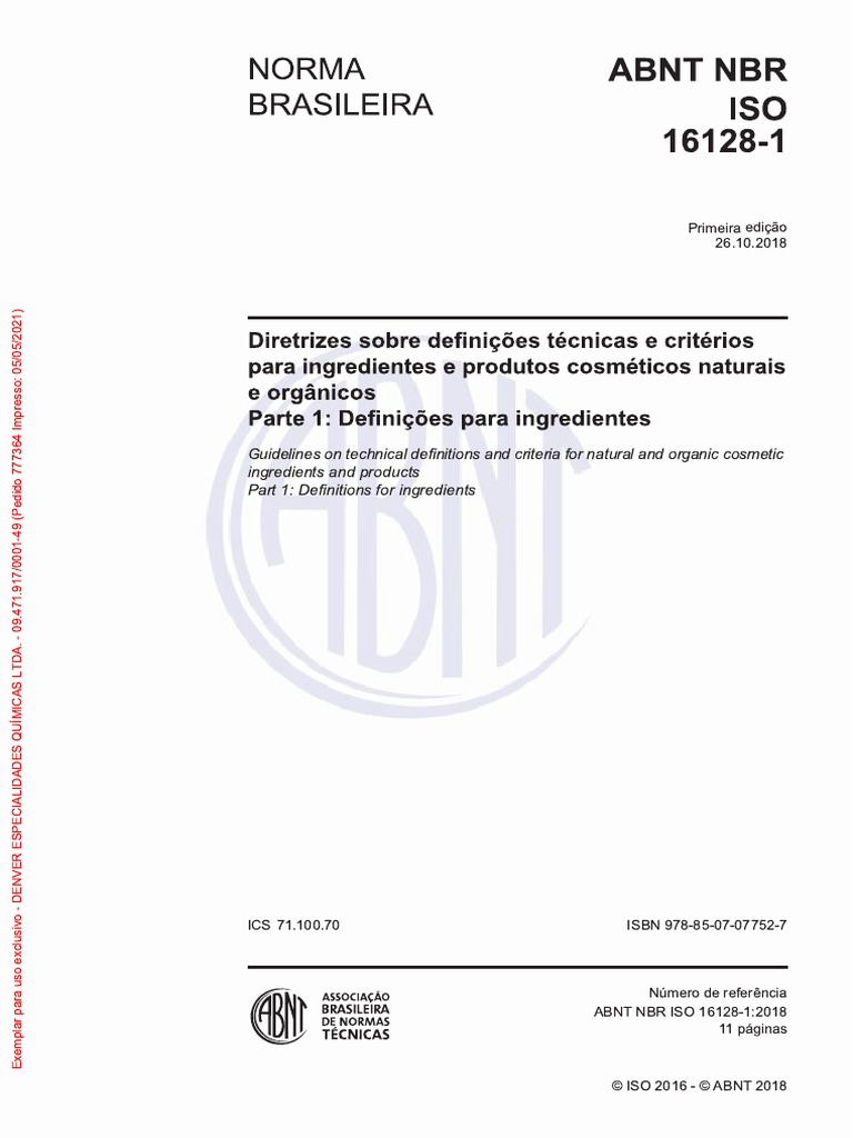 Abnt NBR Iso 16128-1.2018 Ingredientes e Produtos Cosméticos | PDF