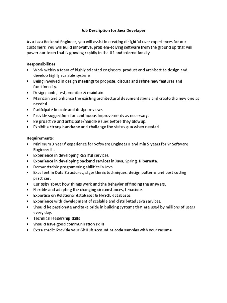 Job Description For Java Developer Pdf