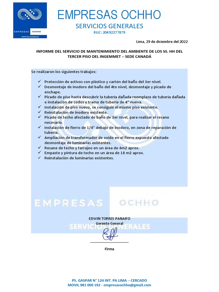 Informe Del Servicio de Mantenimiento | PDF