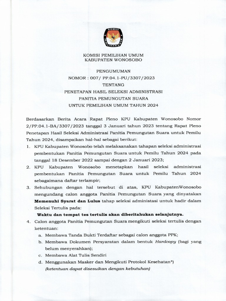Penetapan Hasil Seleksi Administrasi Panitia Pemungutan Suara Untuk ... Penetapan Hasil Seleksi Administrasi Panitia Pemungutan Suara Untuk ...