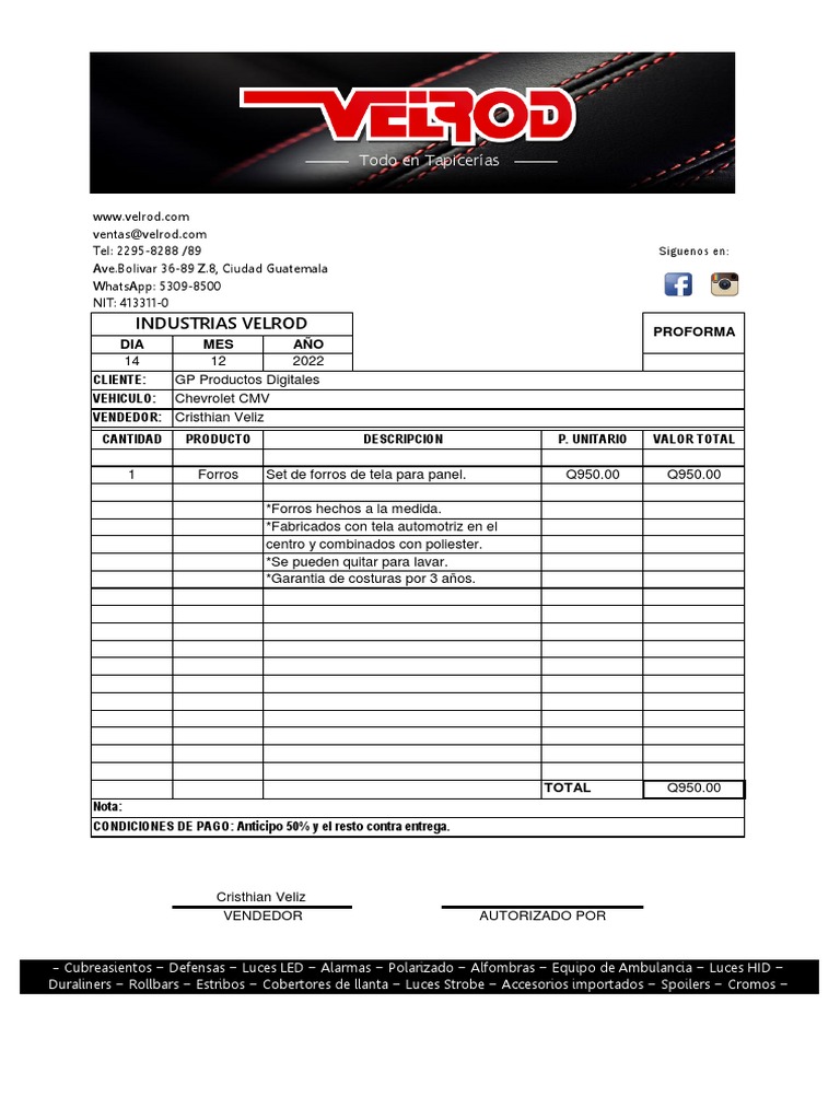 Proforma GP Productos Digitales - Forros Chevrolet CMV | PDF