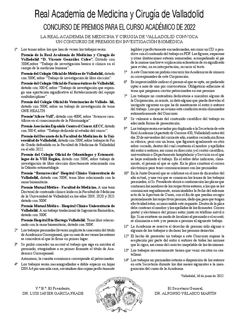 Premios Real Academia de Medicina y Cirug A de Valladolid 2022 | PDF | Medicina | Ciencias de la ...