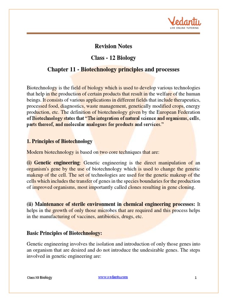 Class 12 Biology Chapter 11 Revision Notes | PDF | Restriction Enzyme ...
