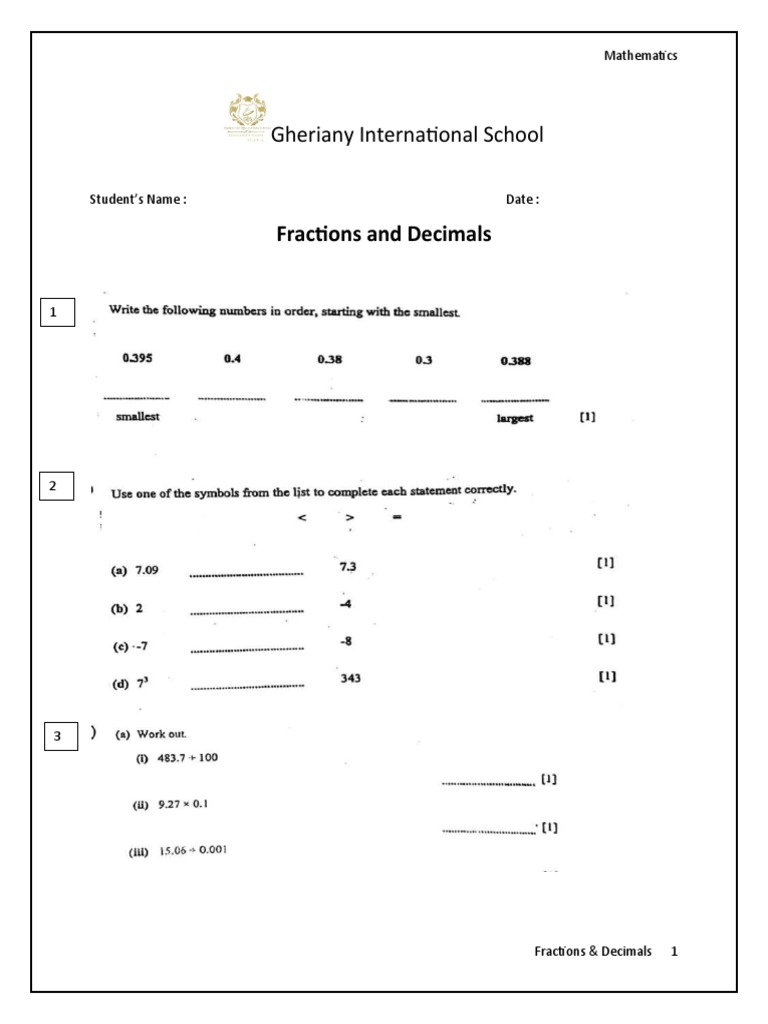 2-Fractions & Decimals Worksheet | PDF | Teaching Methods & Materials