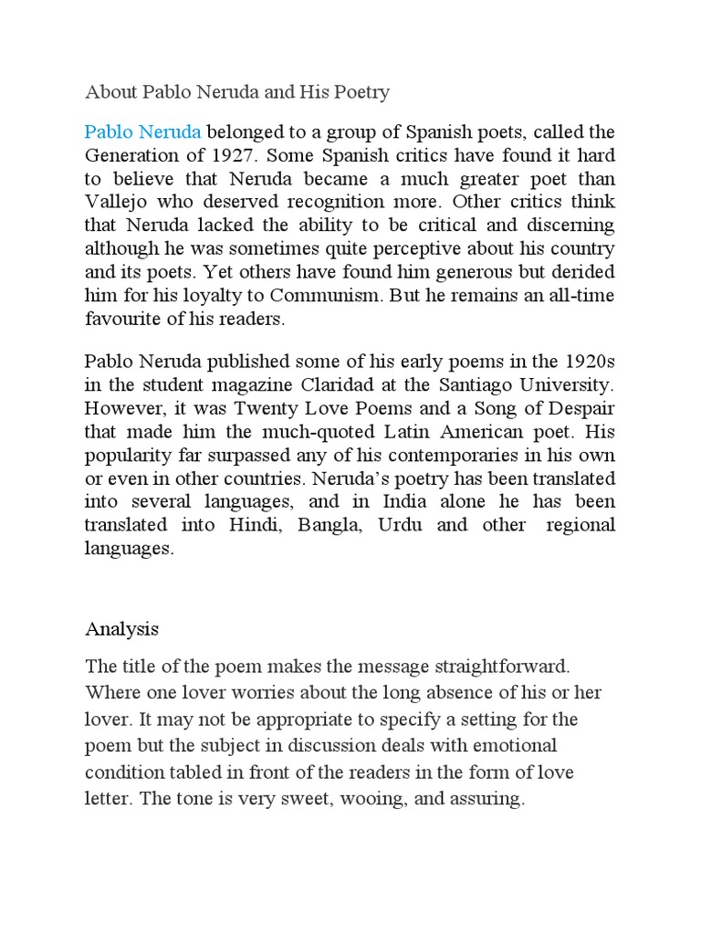 About Pablo Neruda and His Poetry (Eng Proj) | PDF