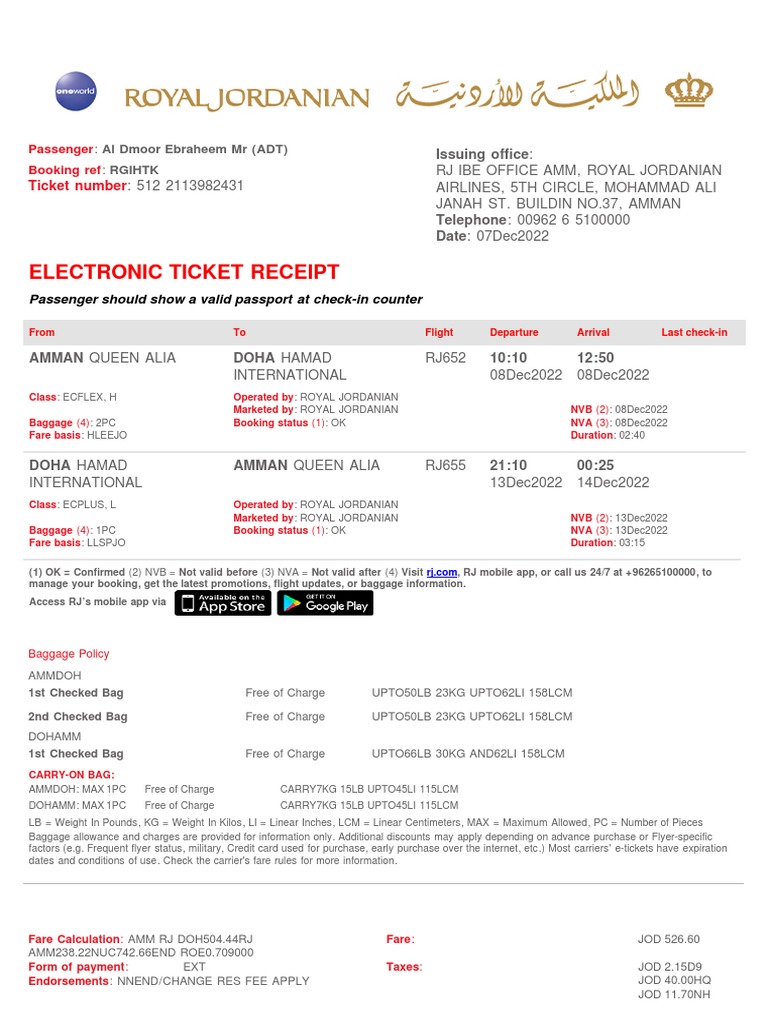 TicketEMD Itinerary Receipt For Passenger EBRAHEEM AL DMOOR, RGIHTK ...