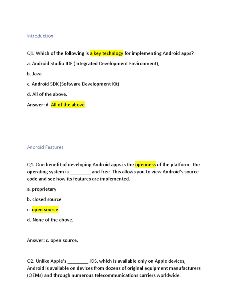 Android Sheet1 With Answers Pdf Android Operating System Class Computer Programming