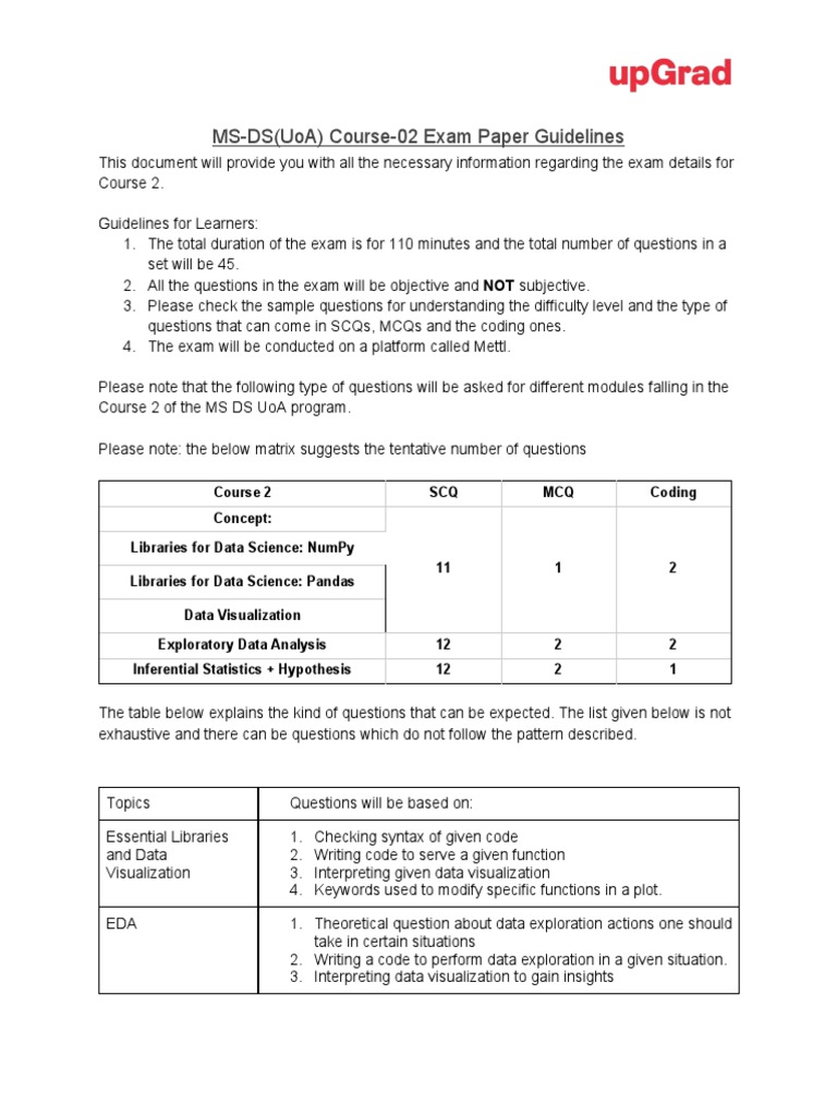 Course-02 Upgrad MS DS (UoA) Exam Paper Guidelines - Learner's | PDF ...