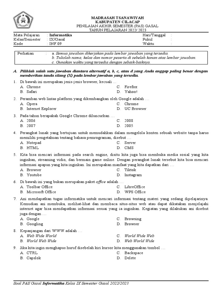 PAS GASAL 2022 Informatika 9 - Soal | PDF