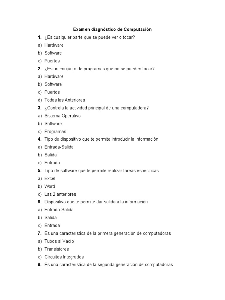Examen Diagnóstico de Computación | PDF | Hardware de la computadora | Periférico