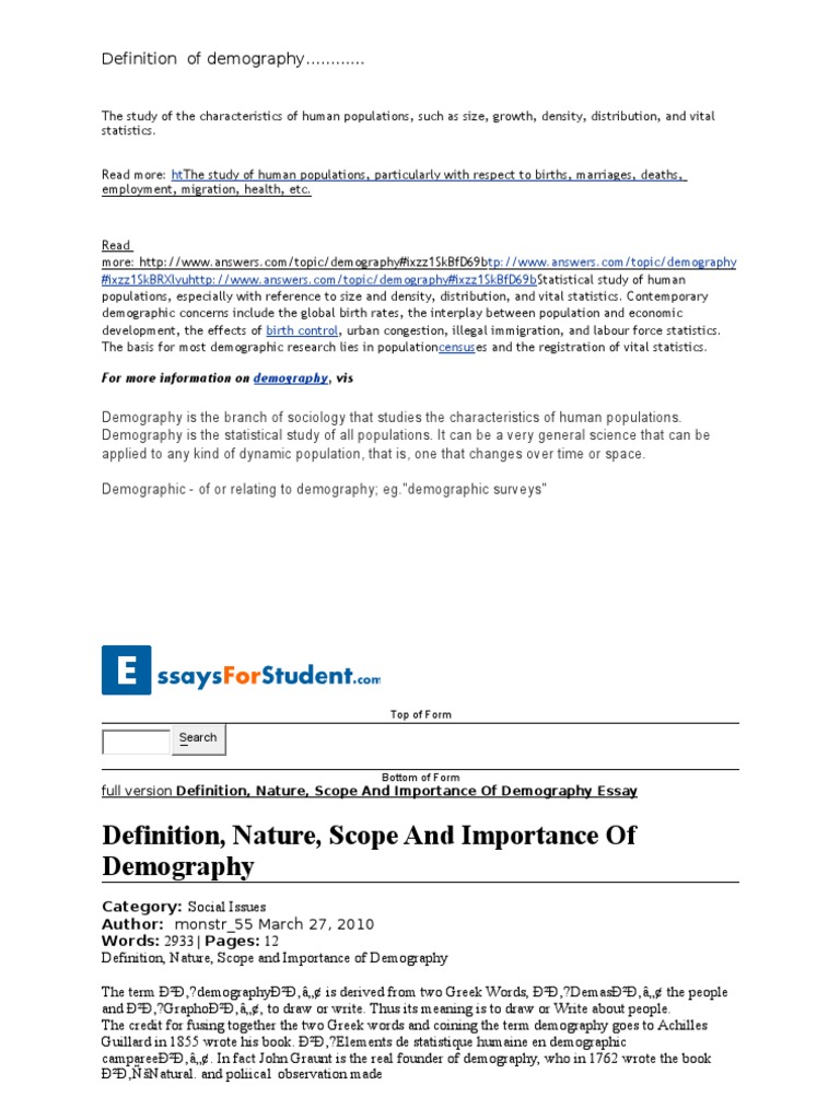 Definition, Nature, Scope and Importance of Demography | PDF ...