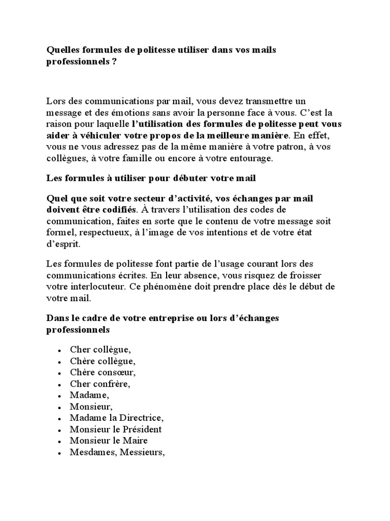 Formules de politesse pour mails pro | PDF