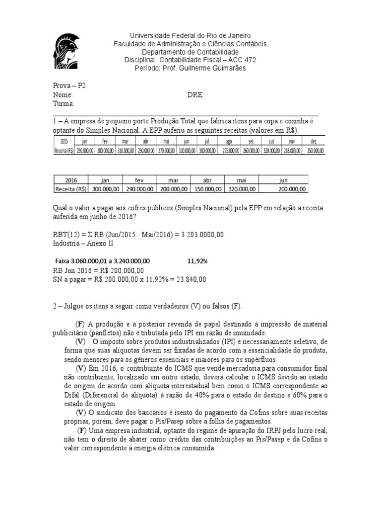 Prova P2 A Com Gabarito-1 | PDF | Contabilidade | Imposto de Renda