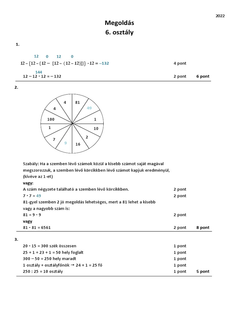Bem J Matek Verseny 2021-22 6oszt I Megoldás | PDF