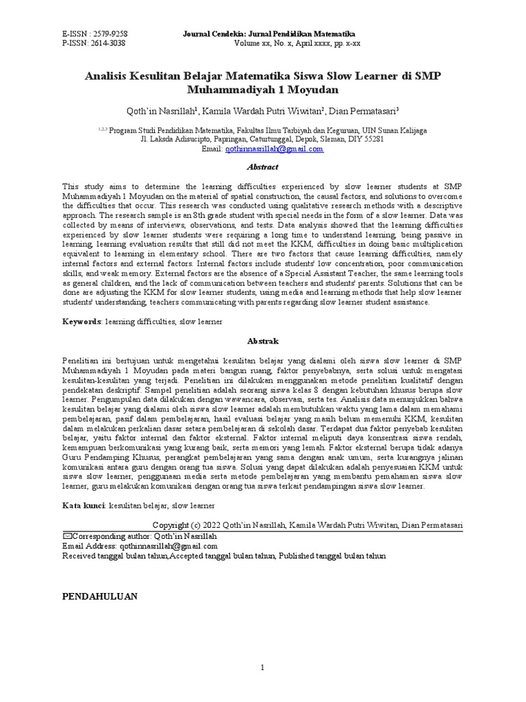 Analisis Kesulitan Belajar Matematika Siswa Slow Learner Di SMP Muhammadiyah 1 Moyudan | PDF ...