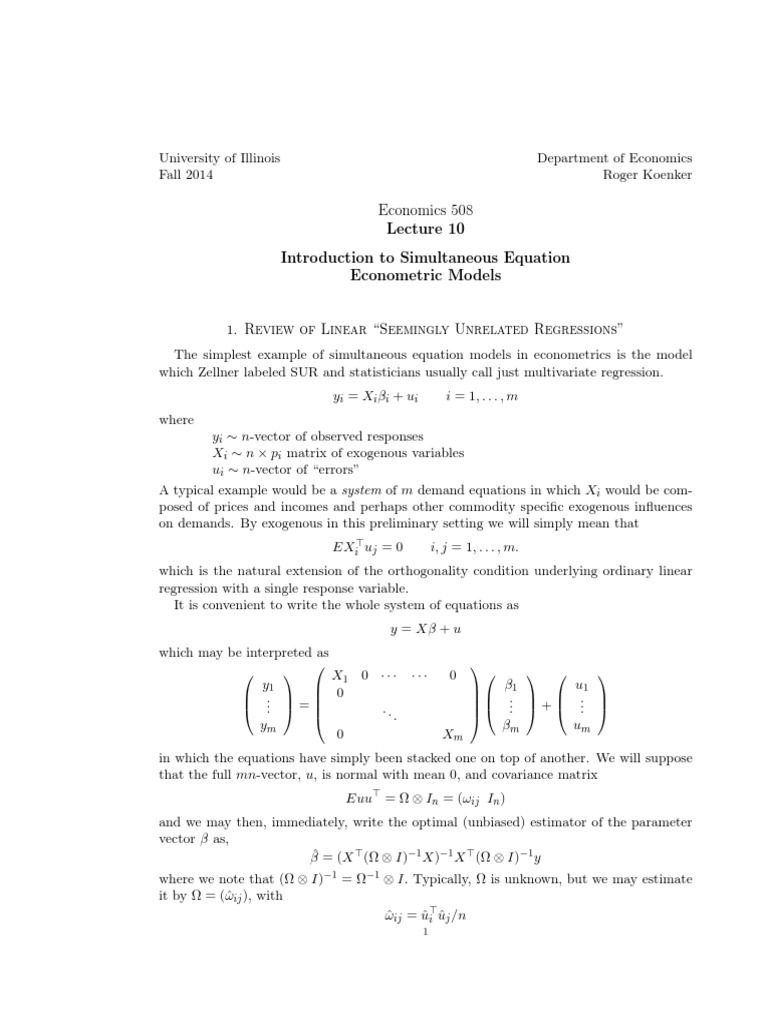 Introduction to Simultaneous Equation Econometric Models and Vector Autoregressive Models | PDF ...