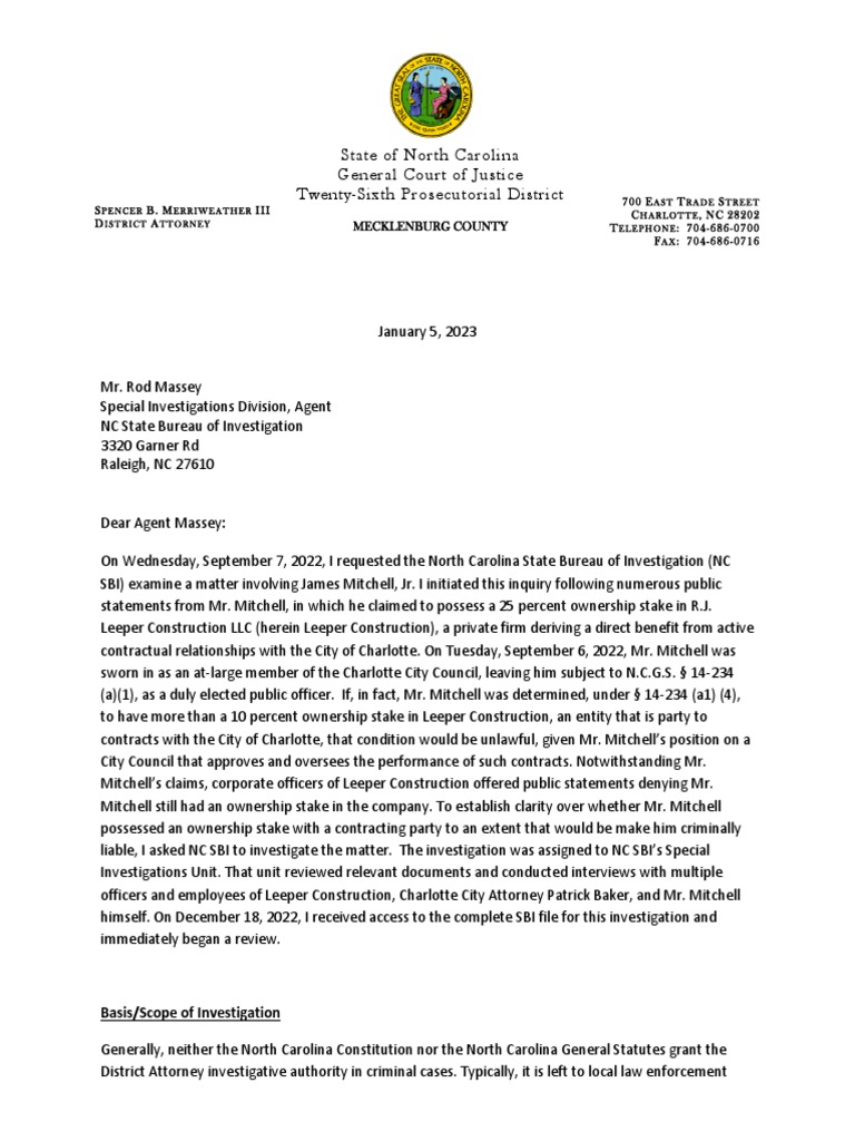 Mecklenburg County District Attorney's Office Letter To SBI RE: James ...