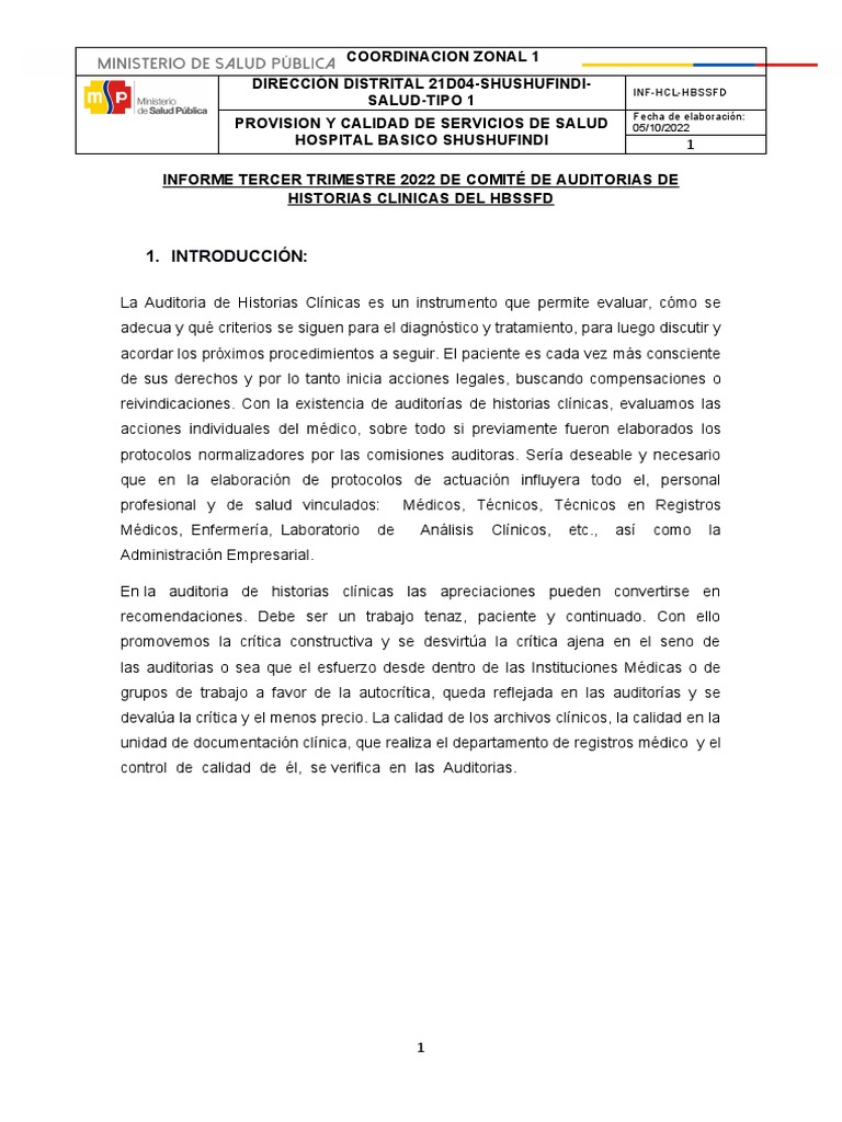 Informe Trimestral de Comité de Auditorias de Historias Clinicas Del ...