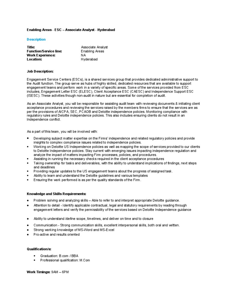 Job Description - ESC - Associate Analyst | PDF | Economies | Business