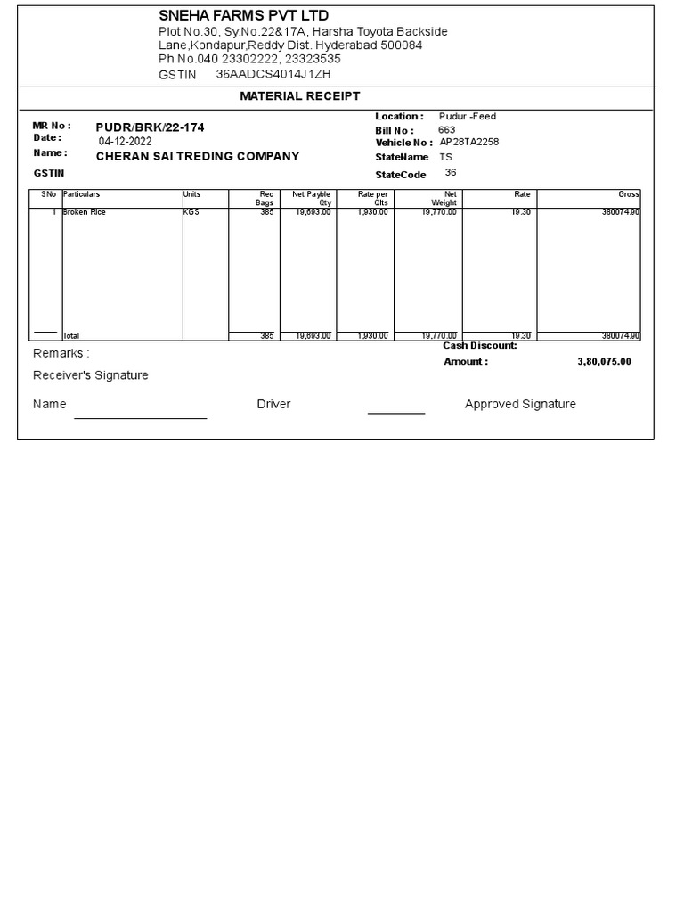 Material Receipt Document for 385 Bags of Broken Rice Received from ...