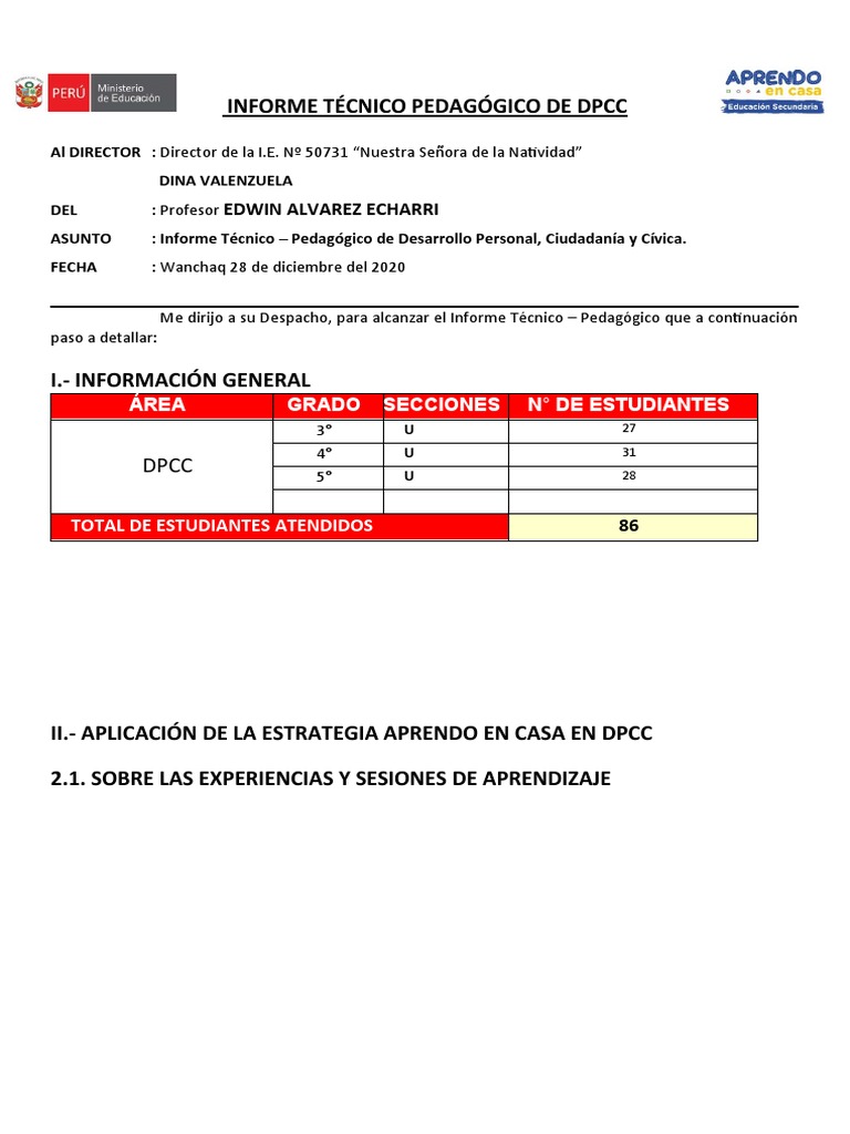 Informe Técnico Pedagógico de DPCC Anexo 1 | Descargar gratis PDF | Evaluación | Aprendizaje
