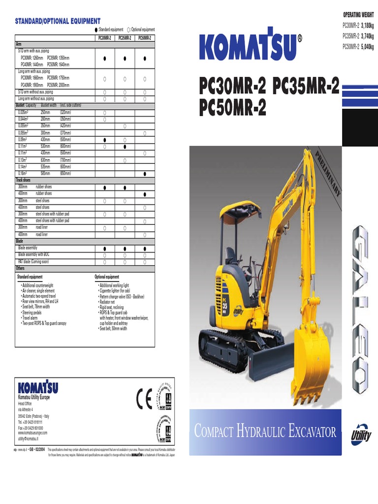 Specifications and Optional Equipment for Komatsu PC30MR-2, PC35MR-2, and PC50MR-2 Compact ...