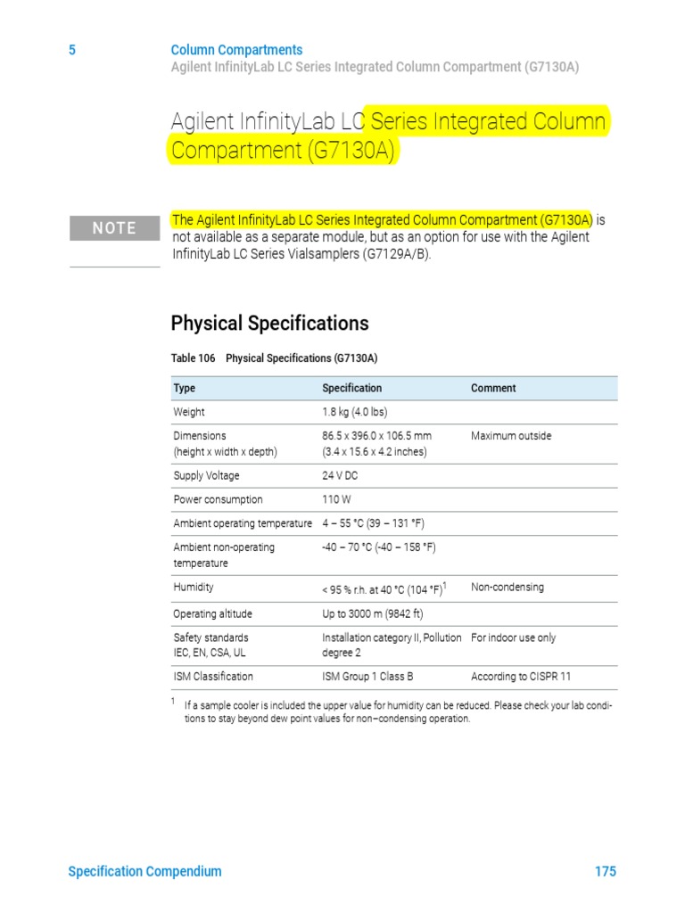 Agilent G7130A Column Compartment Specs | PDF | Humidity | Equipment