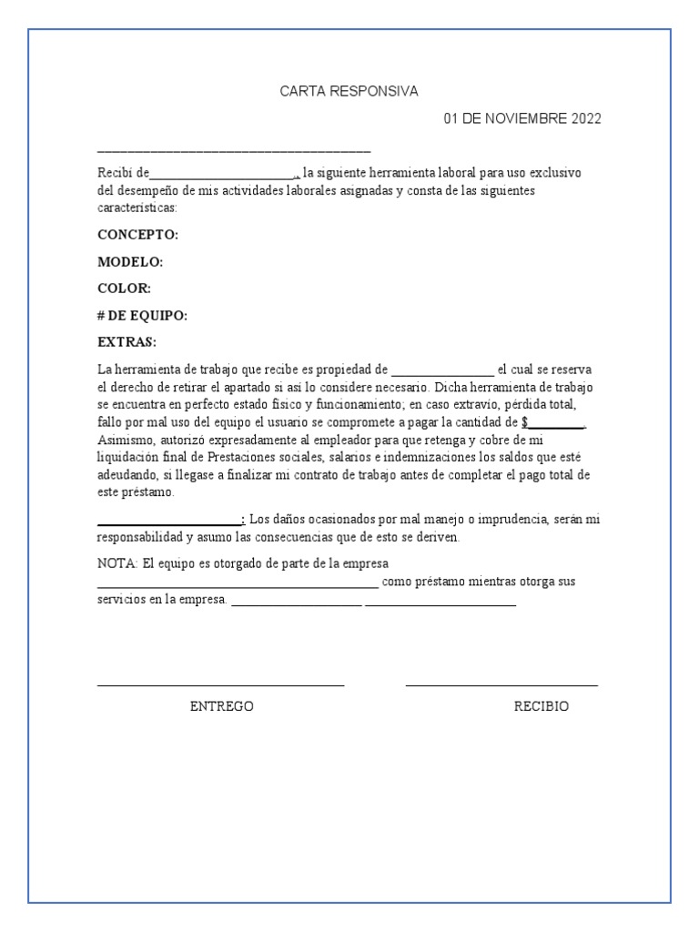 Carta Responsiva de Herramienta Laboral | PDF | Finanzas y dinero