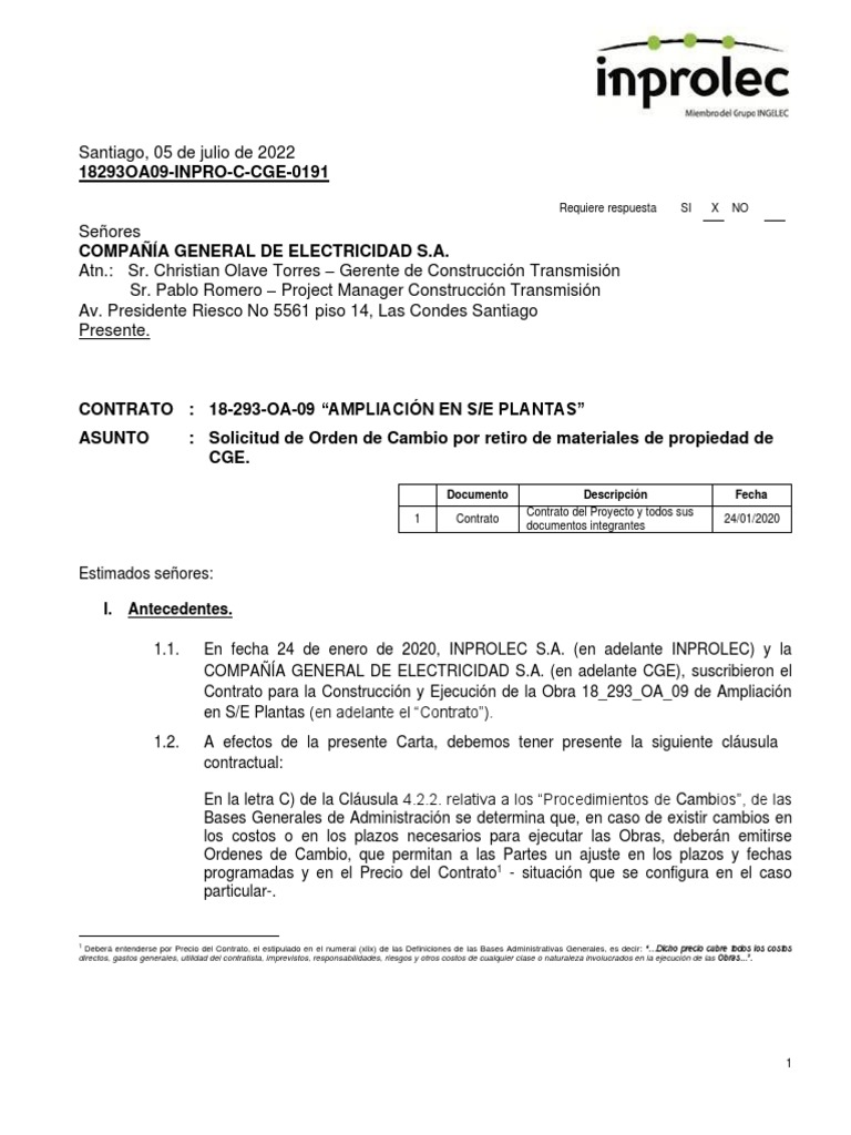 18293OA09-INPRO-C-CGE-0191 - Solicitud de Orden de Cambio Por Retiro de Materiales de Propiedad ...