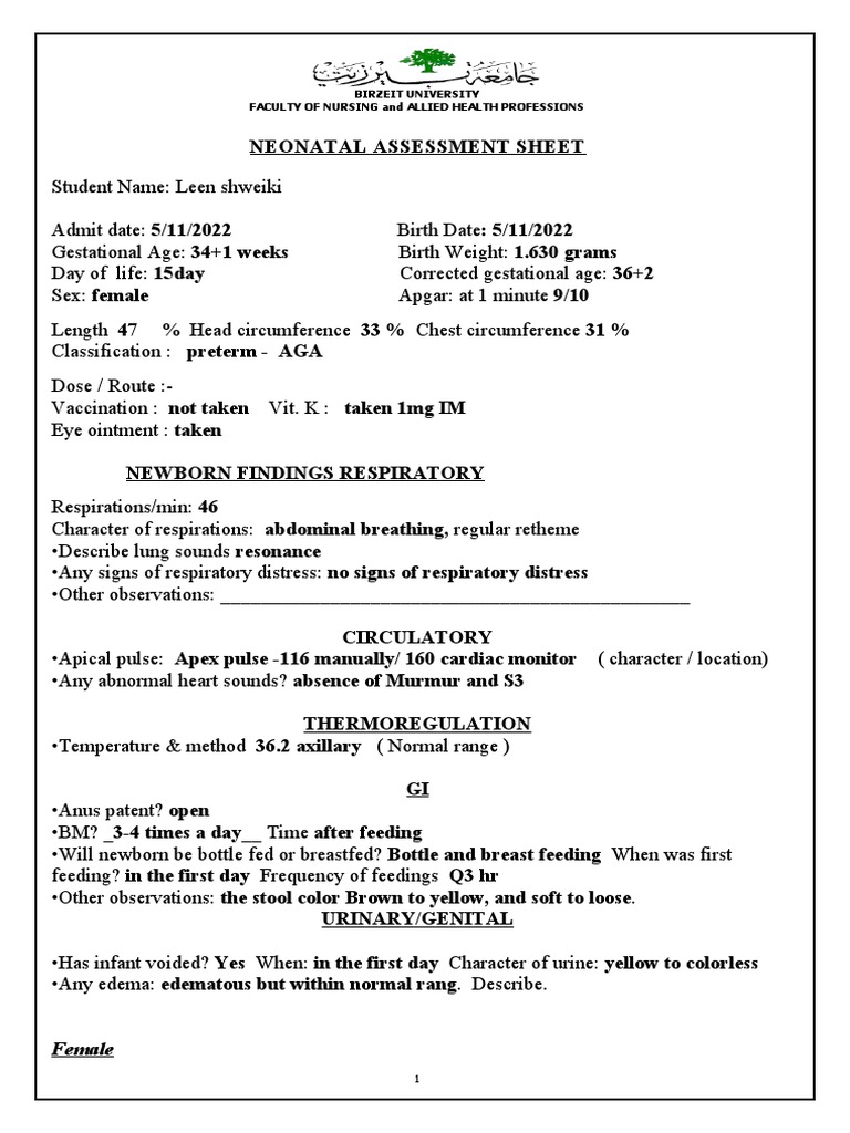 Neonatal Assessment Sheet Template | PDF | Infants | Hand