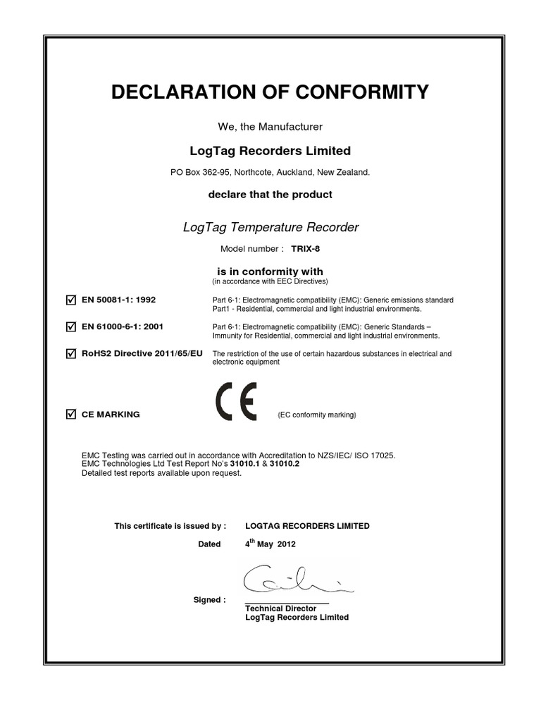 LogTag TRIX-8 CE EMC RoHS Declaration of Conformity | PDF