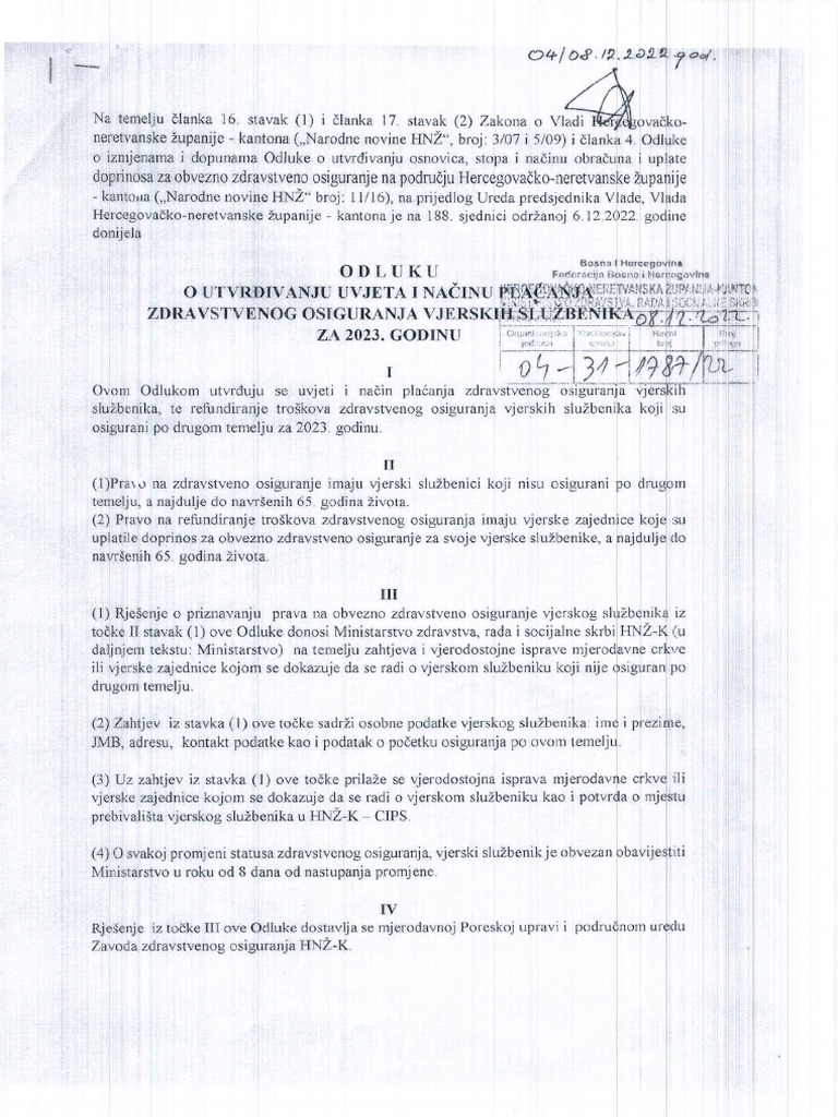 Odluka o Utvrdivanju Uvjeta I Nacinu Placanja Zdravstvenog Osiguranja Vjerskih Sluzbenika U ...