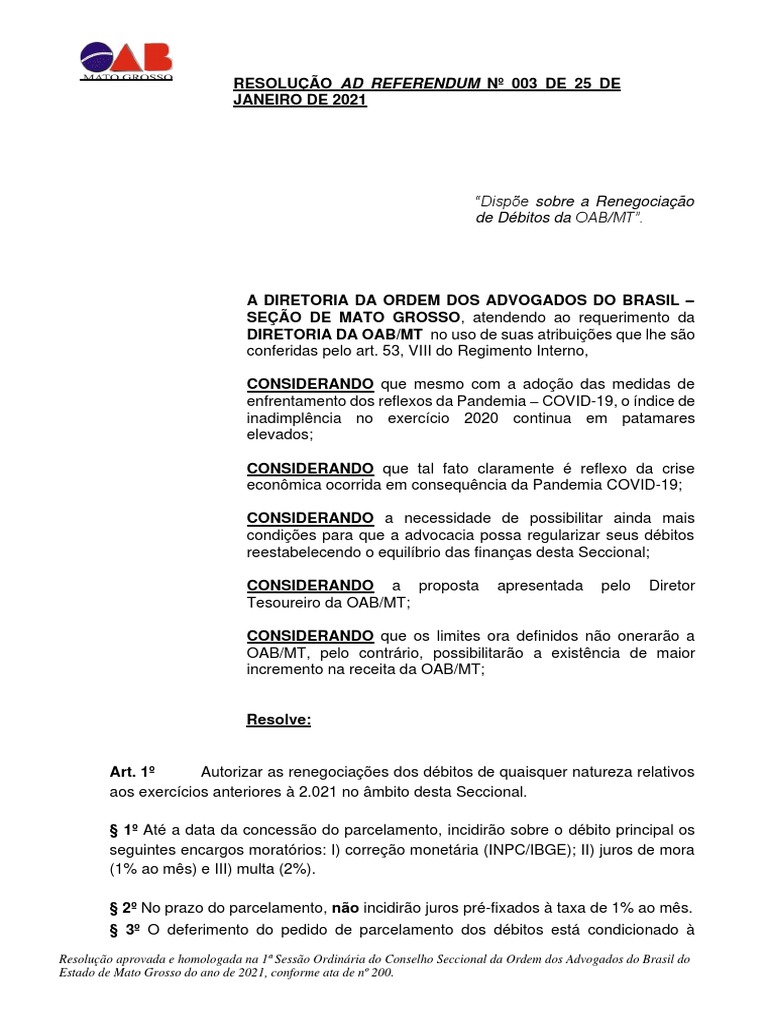 Resolução Ad Referendum #003 de 25 de Janeiro de 2021 Anuidades e Taxas ...
