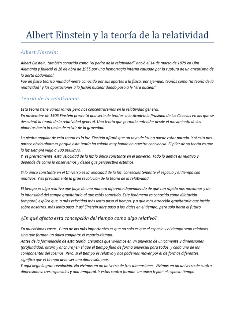 Albert Einstein y La Teoría de La Relatividad | PDF | Tiempo espacial ...