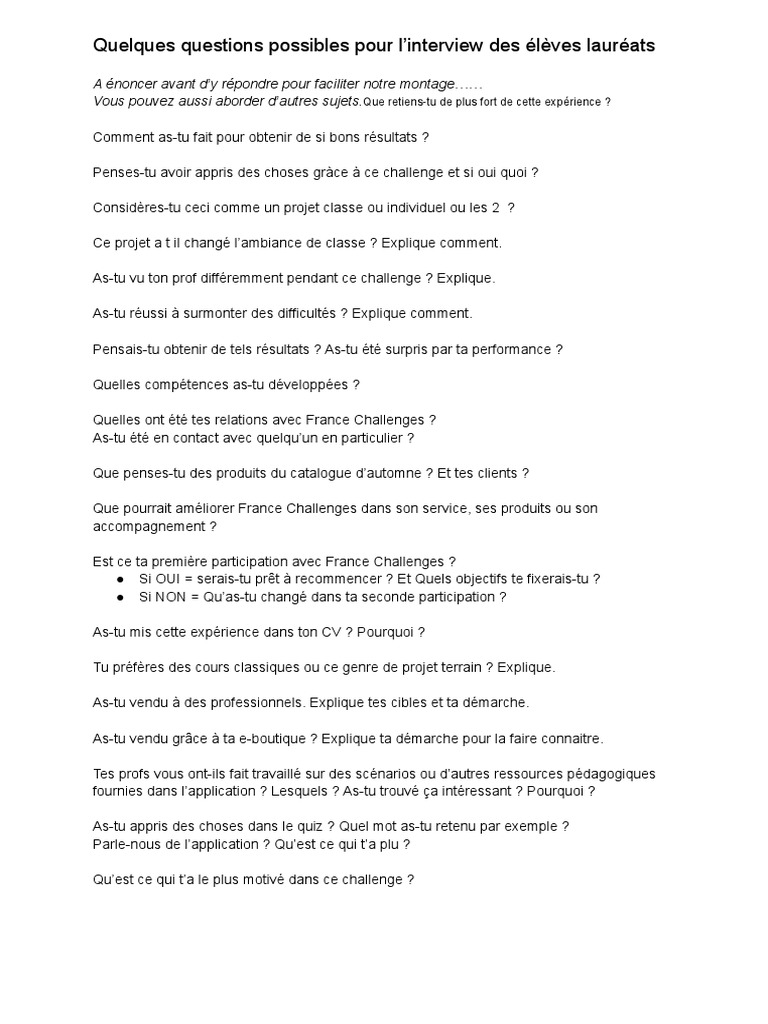 Questionnaire Interview Eleves | PDF | Évolution de carrière | Affaires