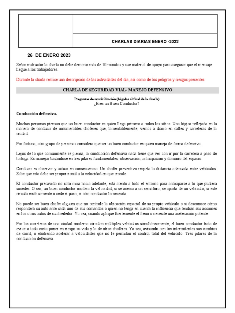 01.26 - Charla de Seguridad Vial - Manejo Defensivo | PDF